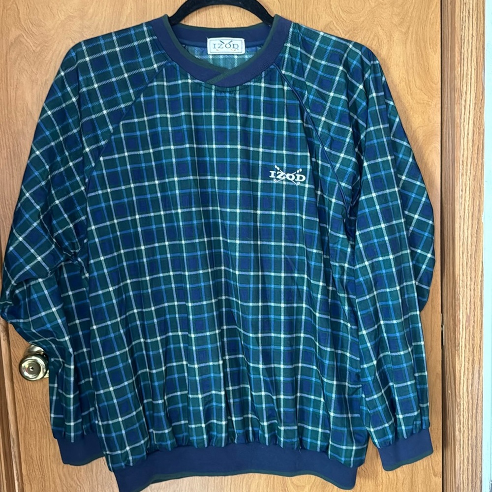 Vintage Izod Windbreaker Plaid Green Blue Golf Pullov… - Gem